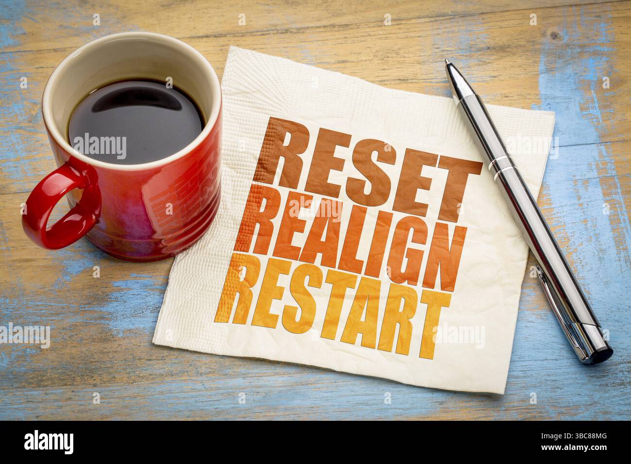 Reset, realign, restart concept - word abstract on a napkin with a cup ...