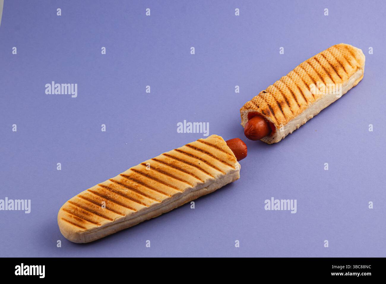 A creative food display features a grilled sandwich cut in half ...