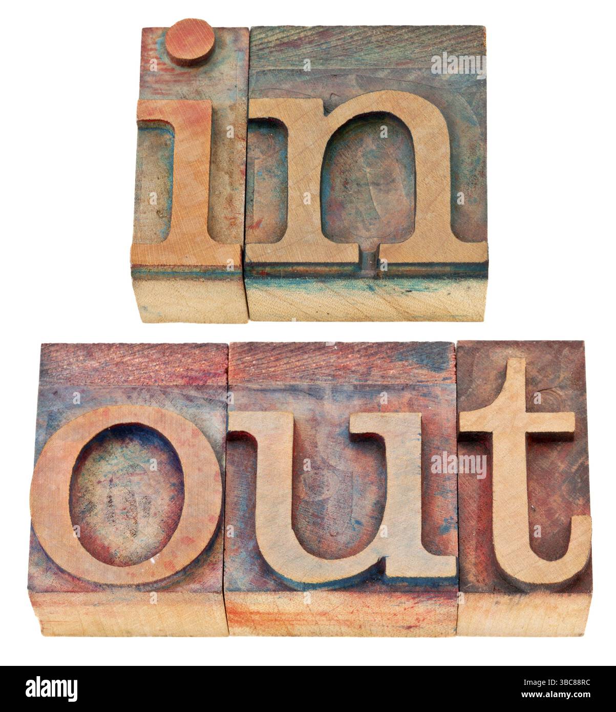 In and out - isolated words in vintage letterpress wood type Stock ...