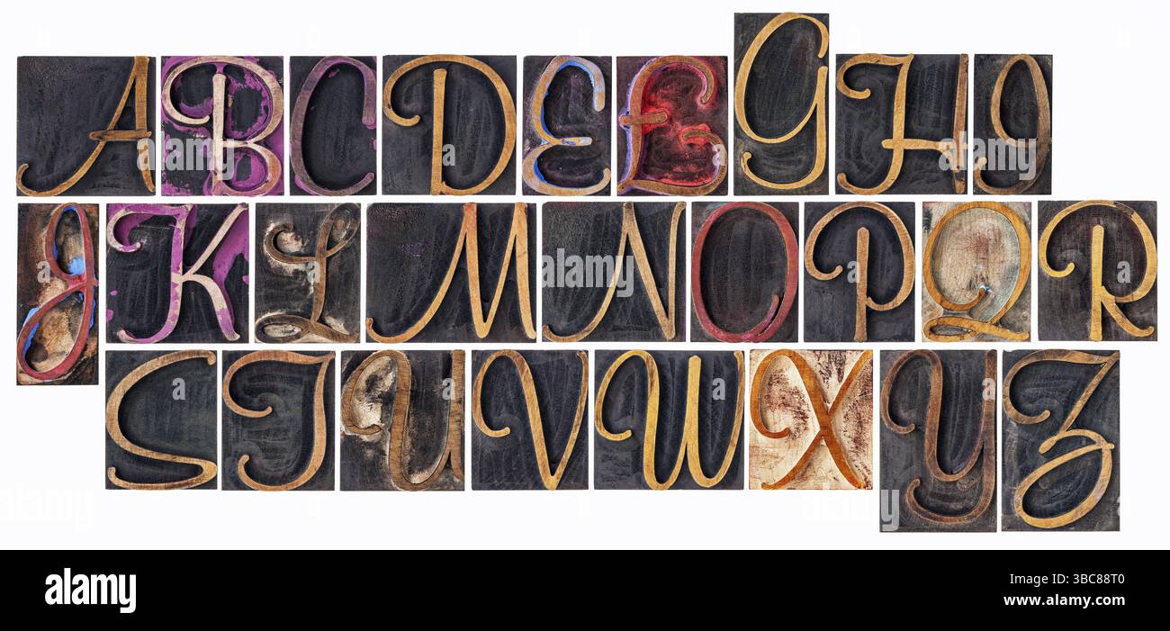 Complete English alphabet in ornamental script wood type - a collage of ...