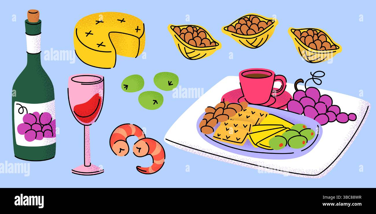 Traditional Italian cuisine food set - wine bottle and glass, cheese ...