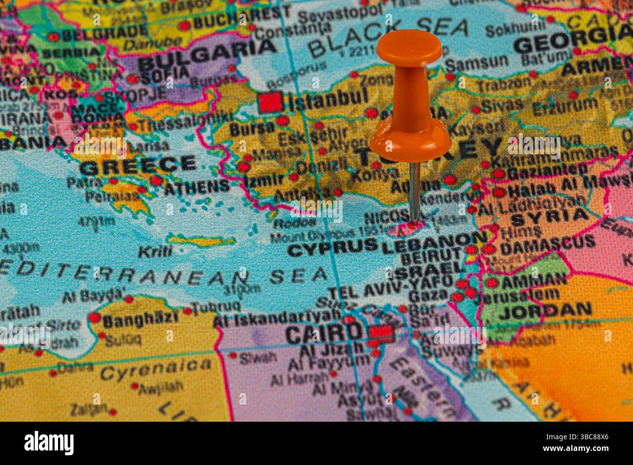 A close-up view of a detailed map highlights Cyprus and Lebanon. The ...