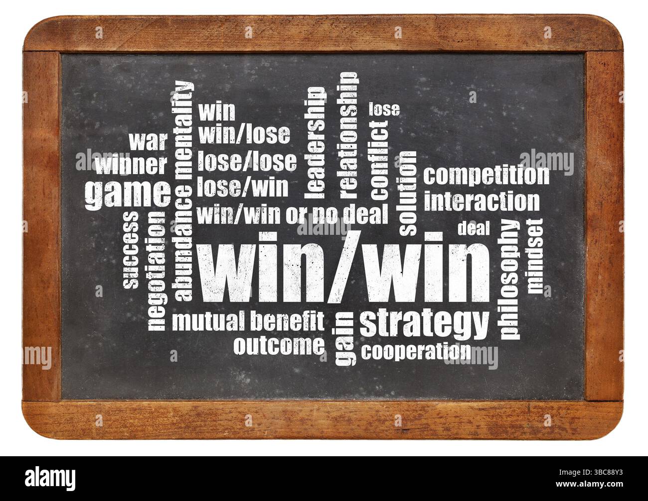 Win-win strategy word cloud on a vintage slate blackboard isolated on ...