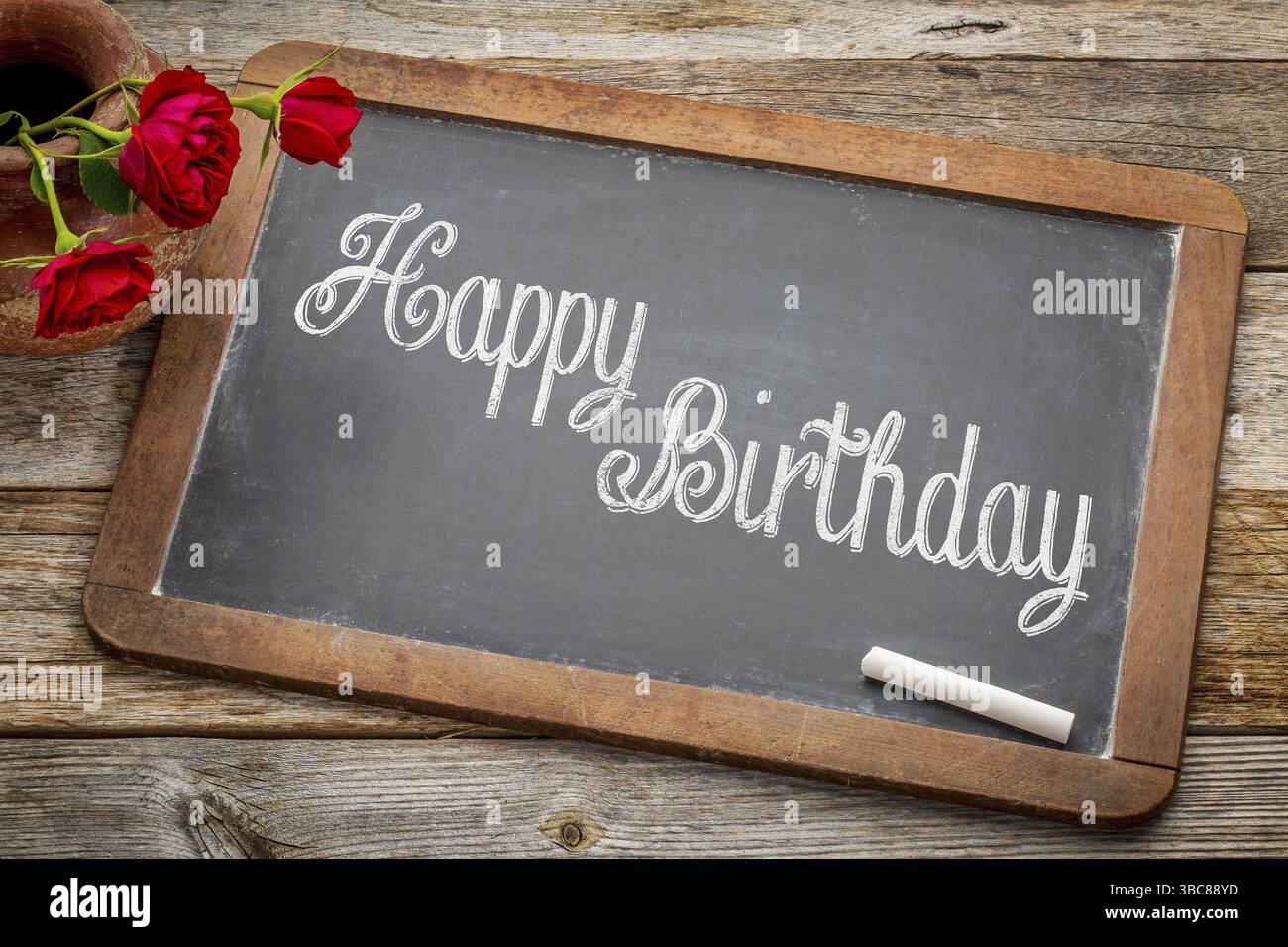 Happy Birthday greetings - white chalk text on a vintage slate ...