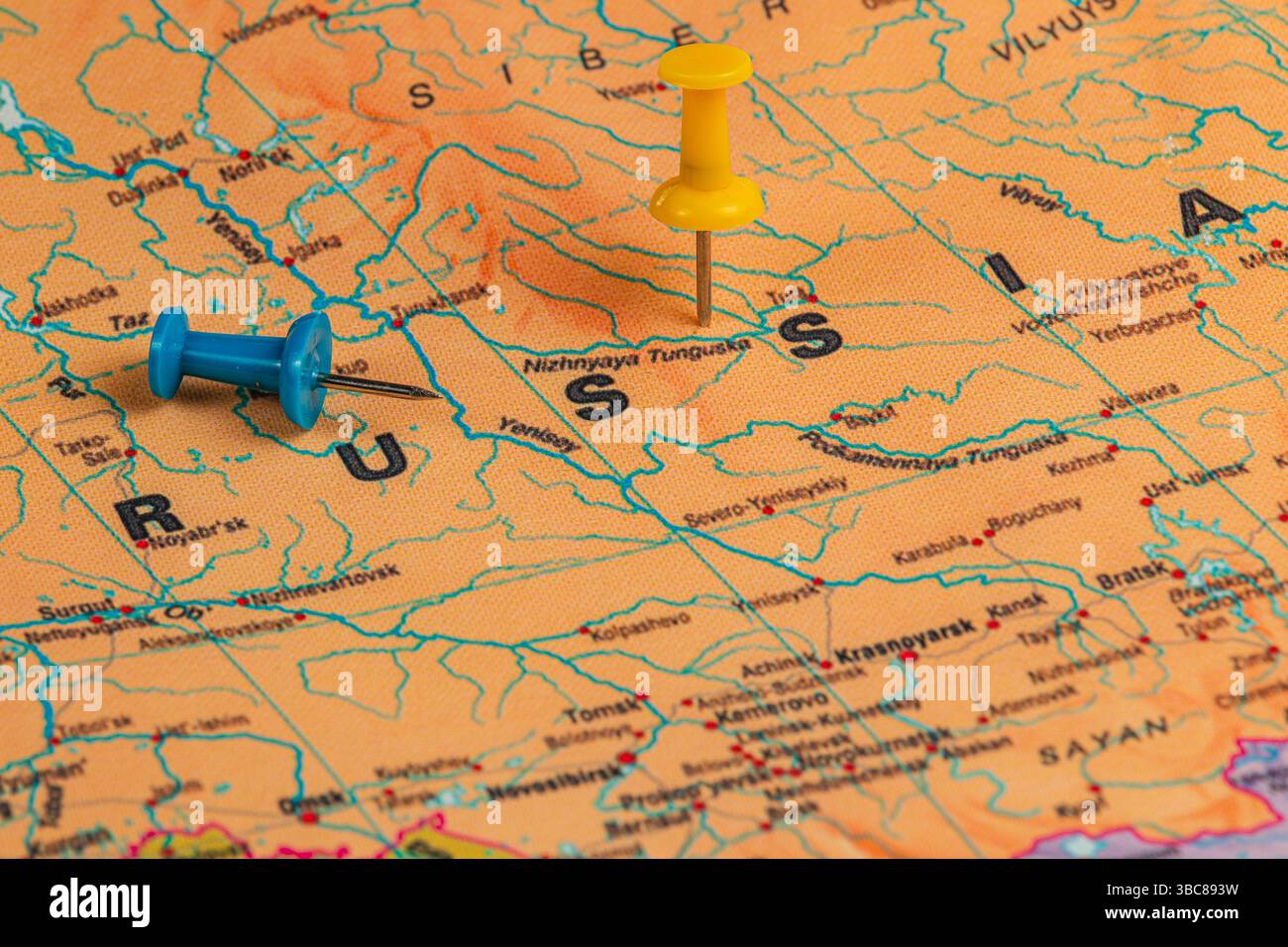 Two colored pins mark specific locations on a detailed map of Russia ...