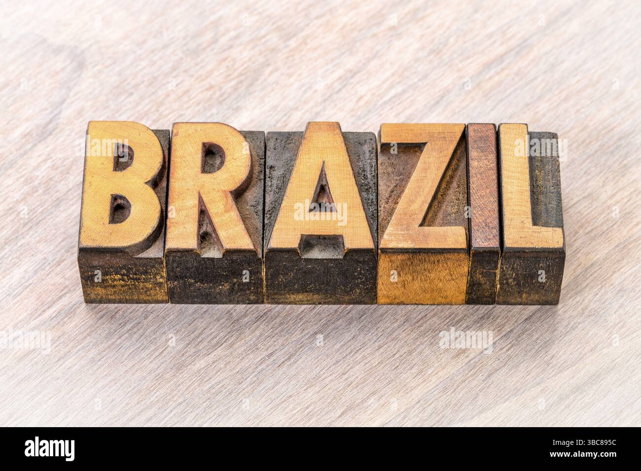 Brazil word in vintage letterpress wood type against grained wood Stock ...