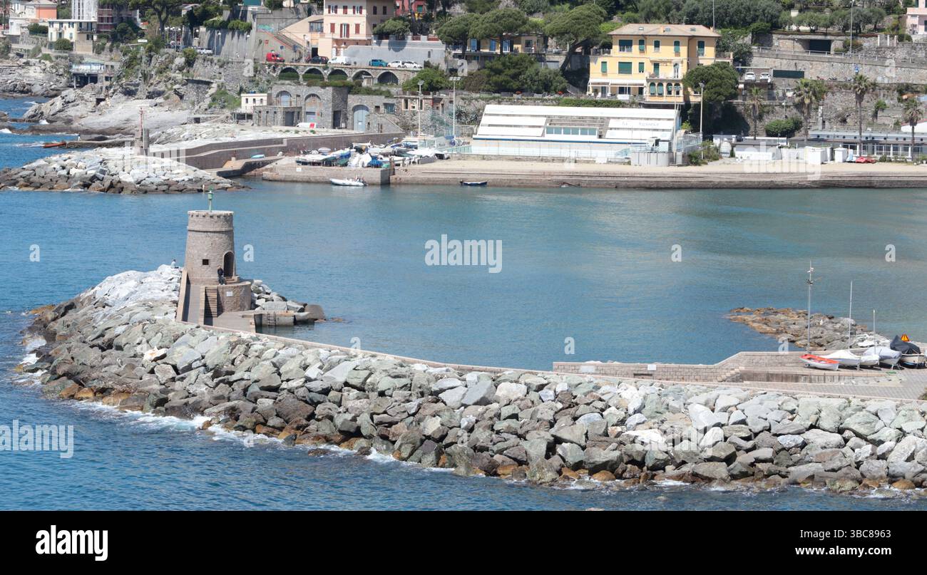 Stone old lighthouse in seafront town of Recco, Liguria. Nature ...