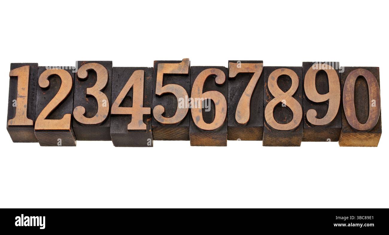 Ten arabic numerals zero to nine in isolated vintage wood letterpress ...