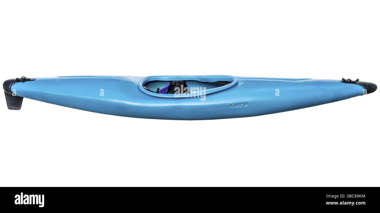 Used old style blue plastic whitewater kayak with a skeg (fin) isolated ...