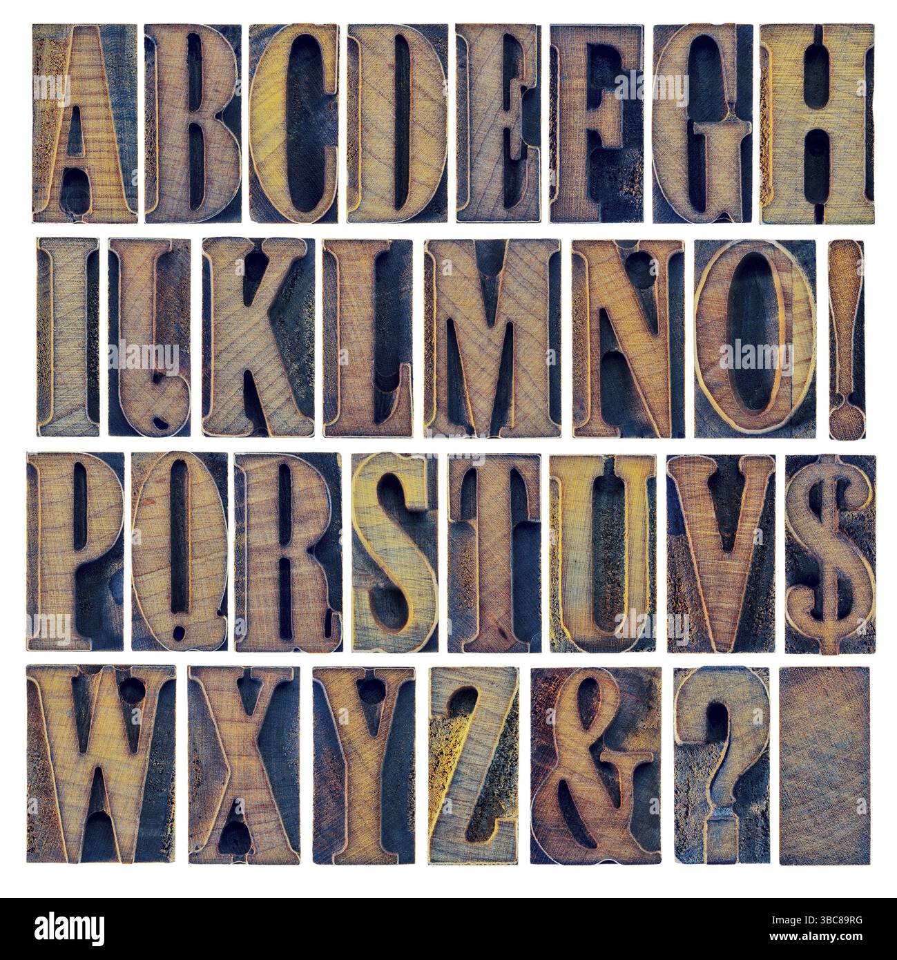 Alphabet in modern letterpress wood type printing blocks, a collage of ...