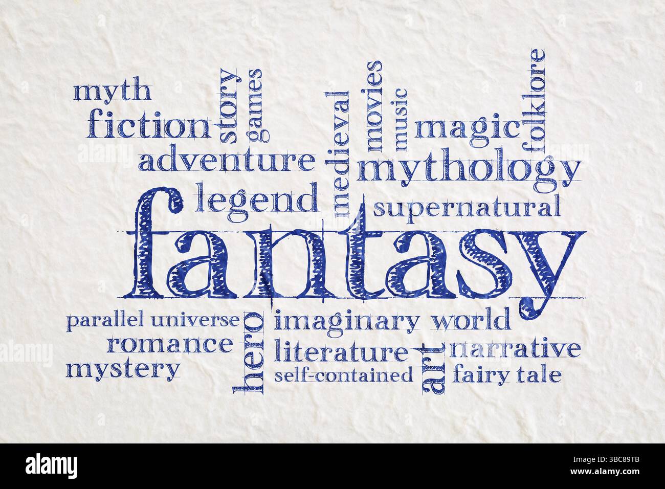 Fantasy word cloud - handwriting on a white lokta paper Stock Photo - Alamy