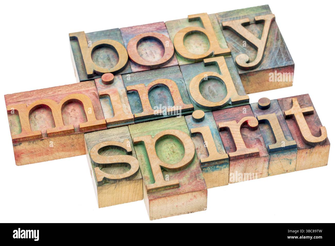 Body, mind, spirit word abstract - isolated text in letterpress wood ...
