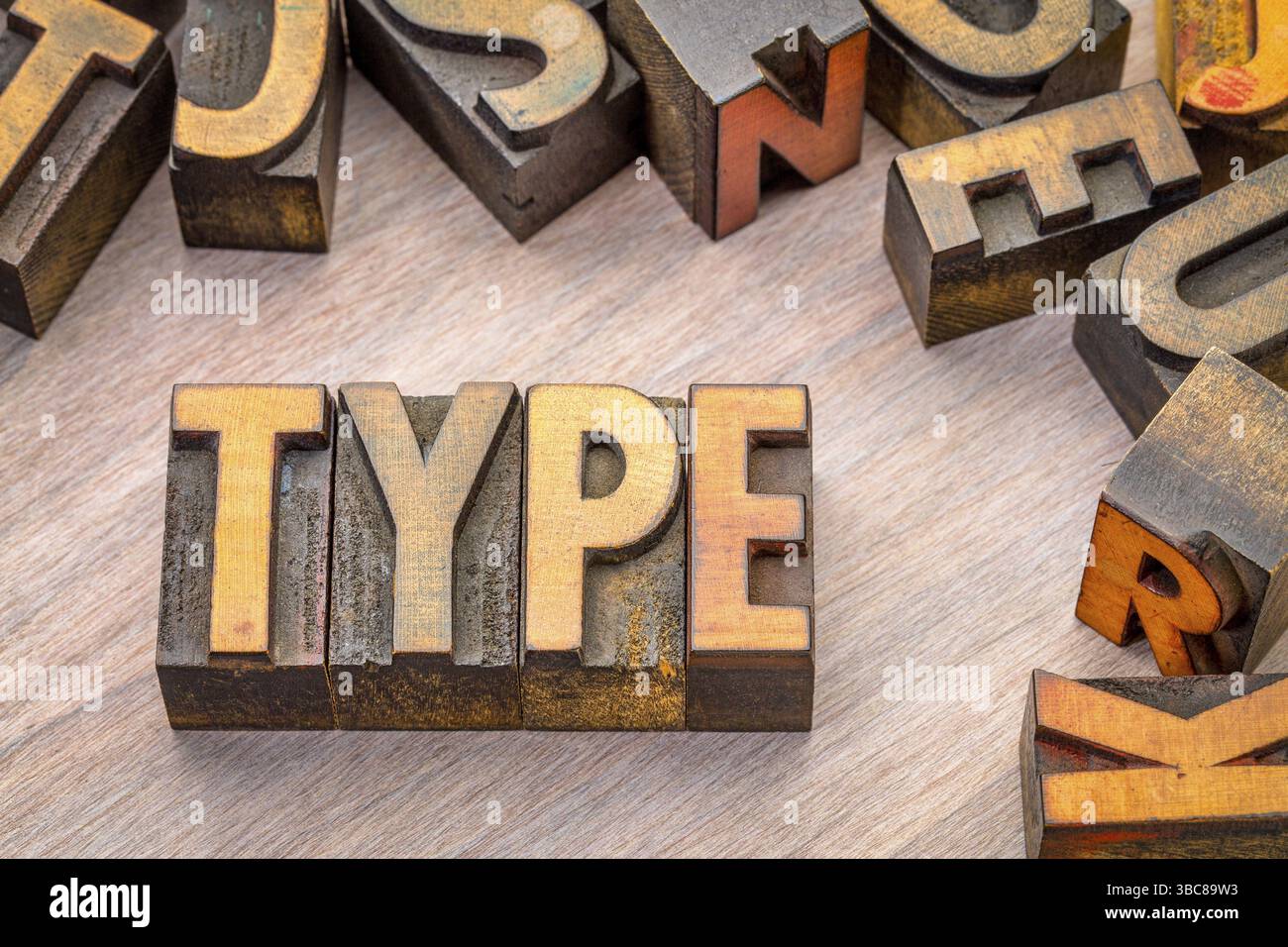 Type word abstract in vintage letterpress wood type printing blocks ...