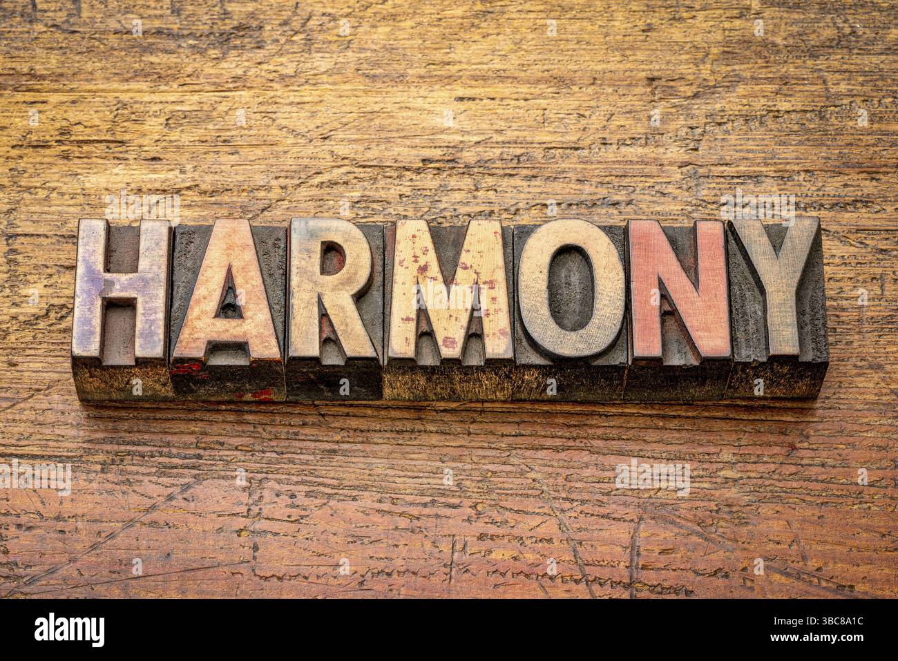 Harmony word in vintage letterpress wood type blocks Stock Photo - Alamy