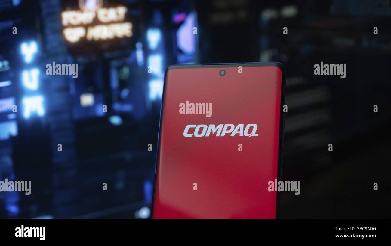 Dhaka, Bangladesh 16 May 2025: Computer manufacturer Compaq logo is seen on an Android mobile ...