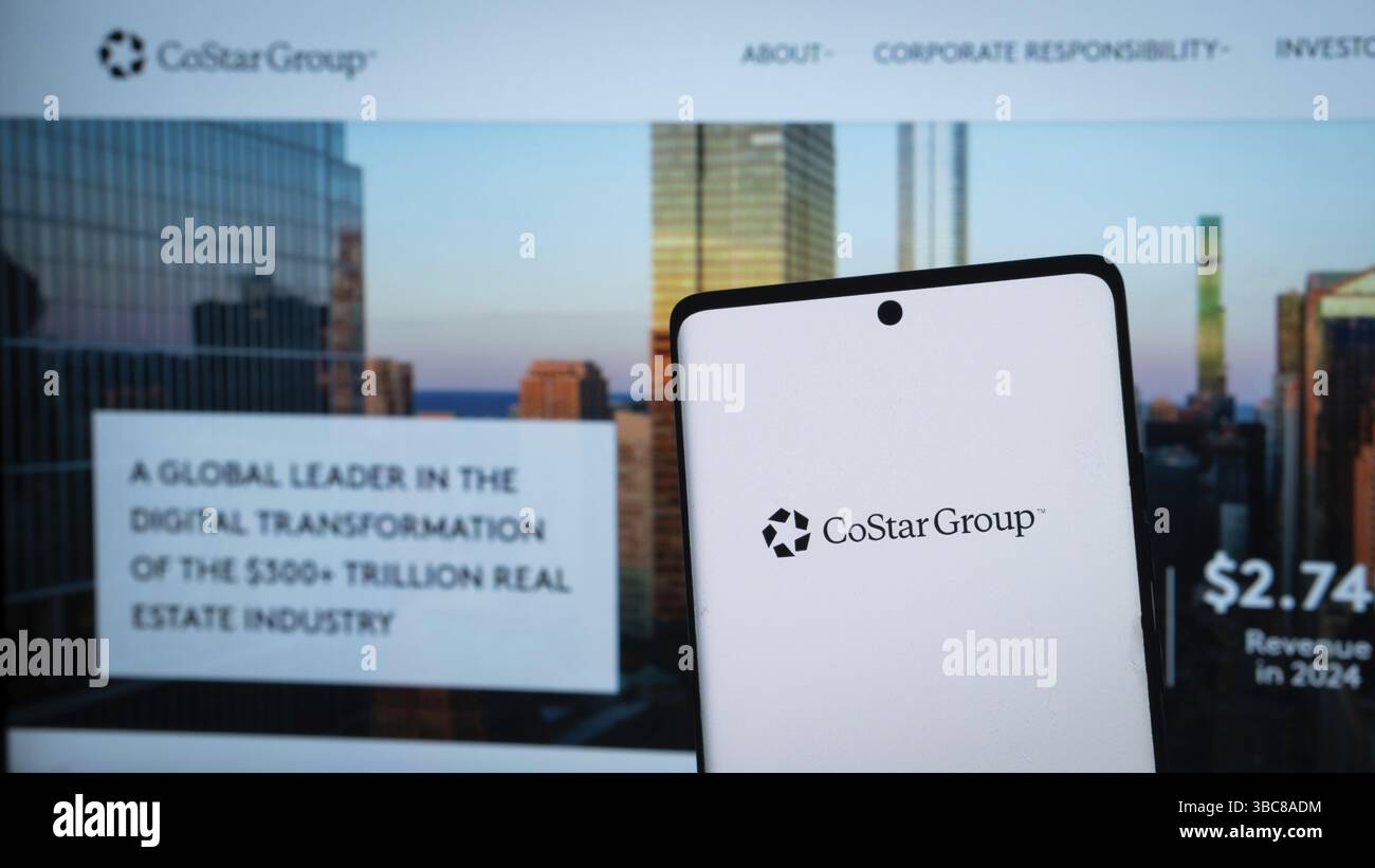 Dhaka, Bangladesh 16 May 2025: mobile phone with logo of American real estate company CoStar ...
