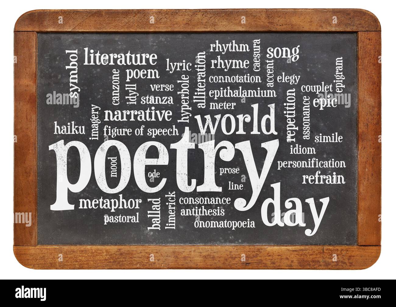 World poetry day word cloud - white chalk text on a slate blackboard ...