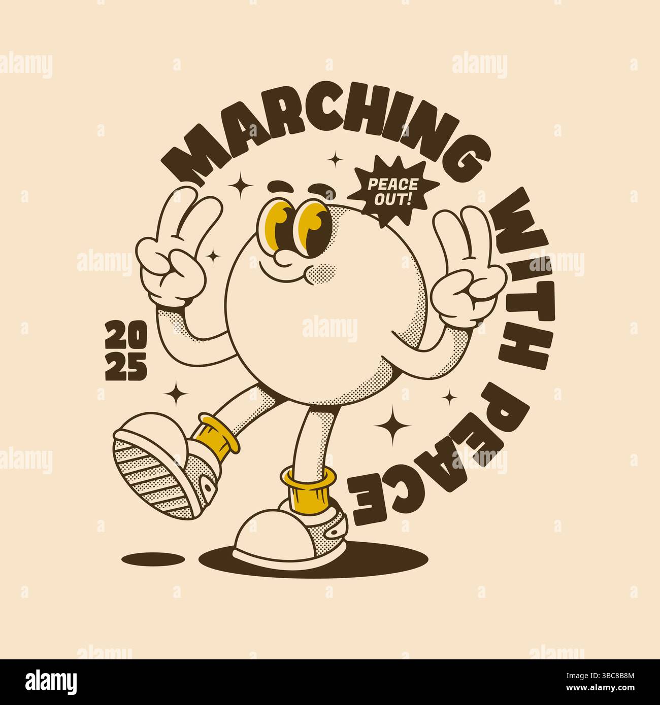 Playful retro character marching with peace signs and cheerful attitude ...