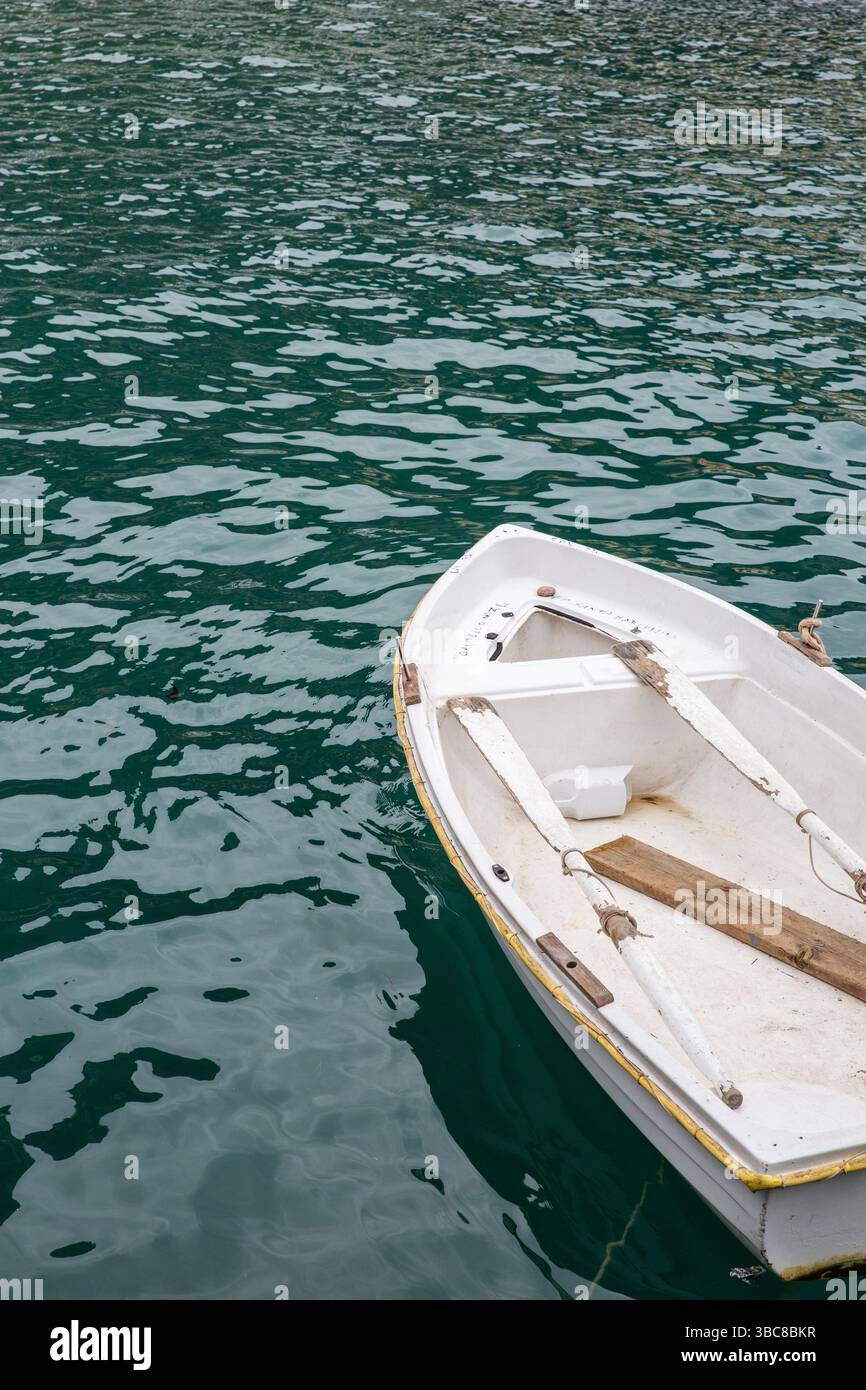 White rowboat floating on rippling emerald green water Stock Photo - Alamy