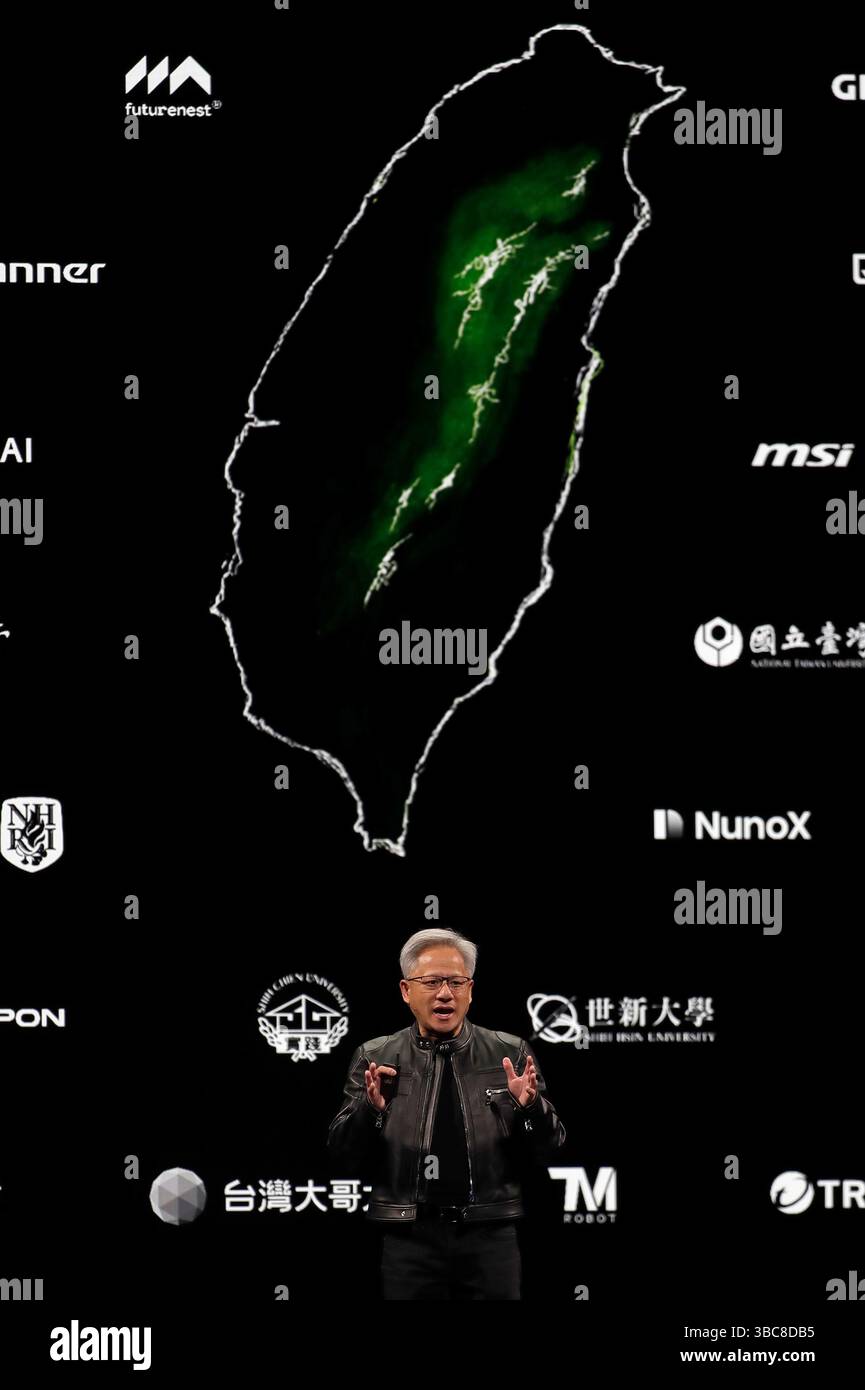 President and CEO of Nvidia Corporation Jensen Huang delivers a speech ...
