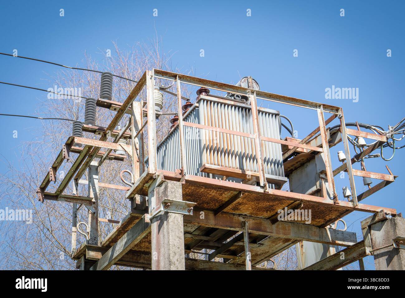 Electrical Transformer Station with Power Lines and Insulators in ...