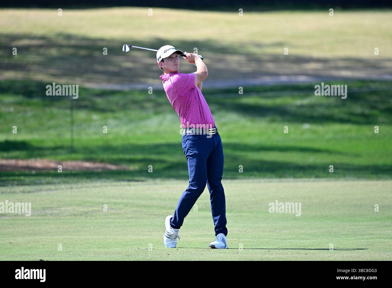 Jacob Bridgeman looks on after hitting from the third fairway during ...