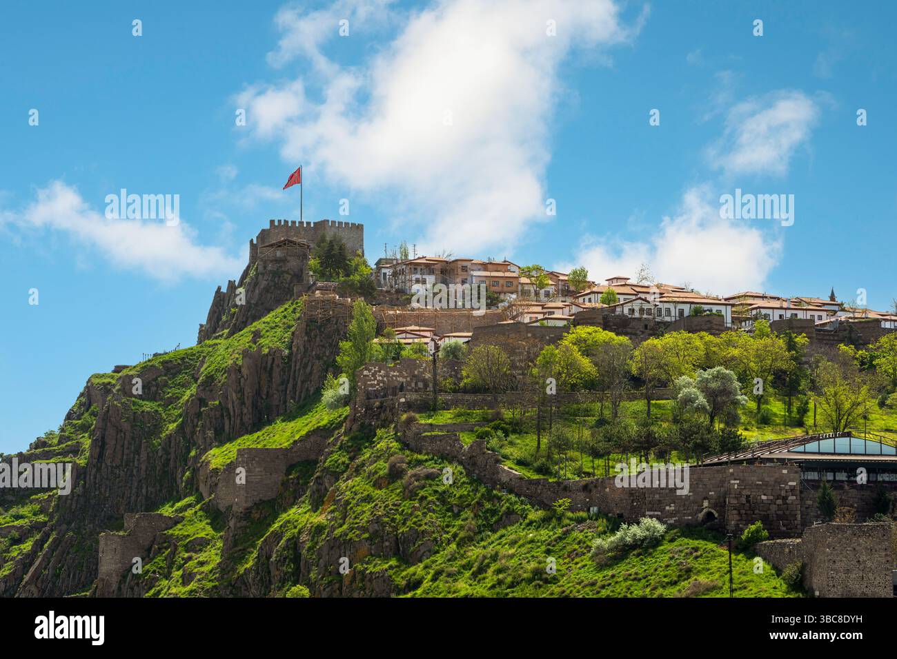Ankara Castle with the Turkish flag flying over it. Turkish name is ...