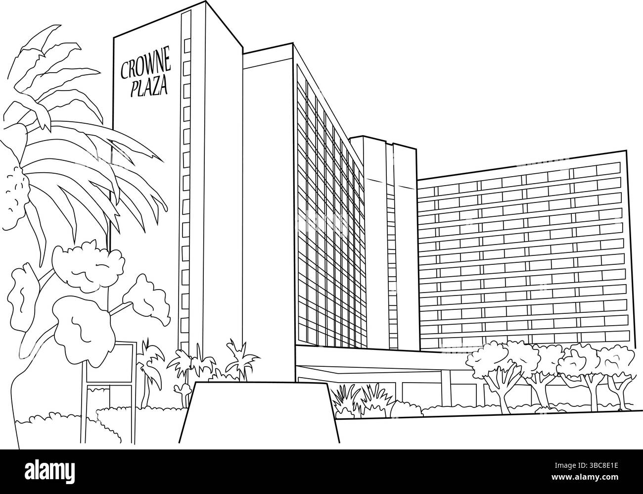 Detailed black and white line drawing illustration of the Crowne Plaza ...