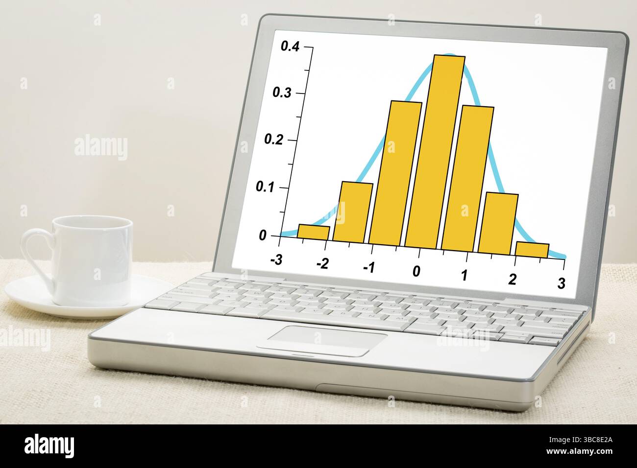 Gaussian, bell or normal distribution curve and histogram on laptop ...