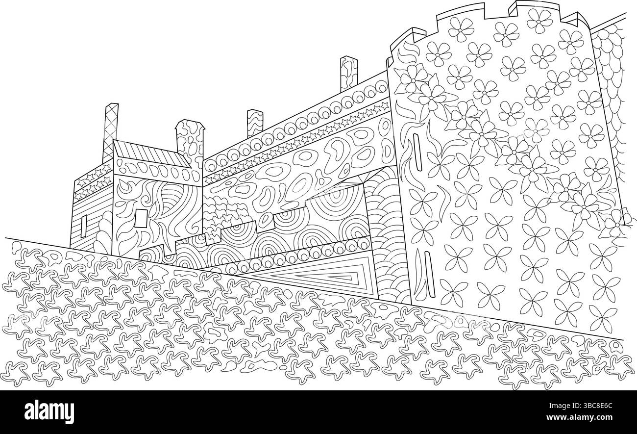 Intricate black and white line art illustration of a fantasy castle or ...