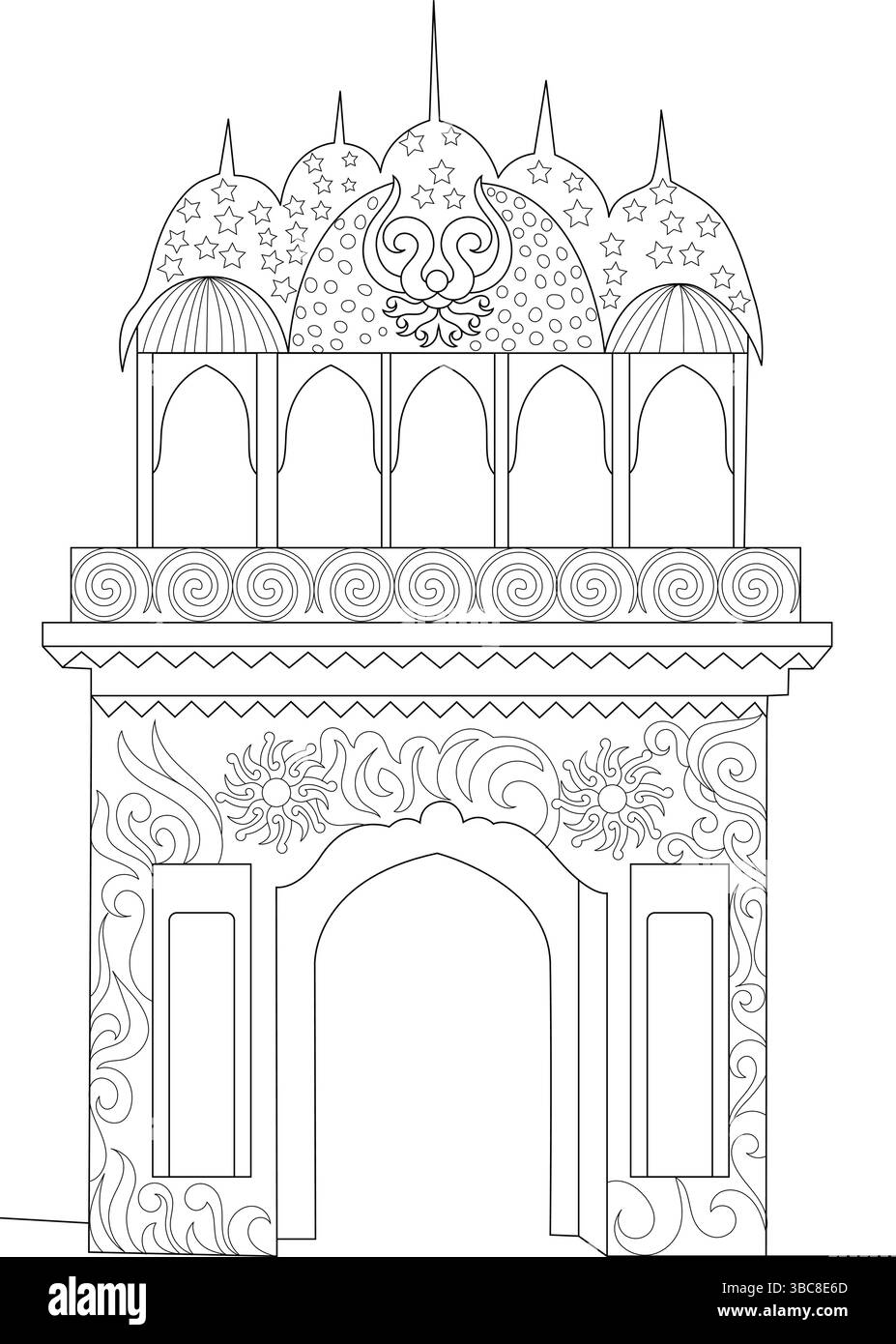 Detailed black and white line drawing of an ornate architectural ...