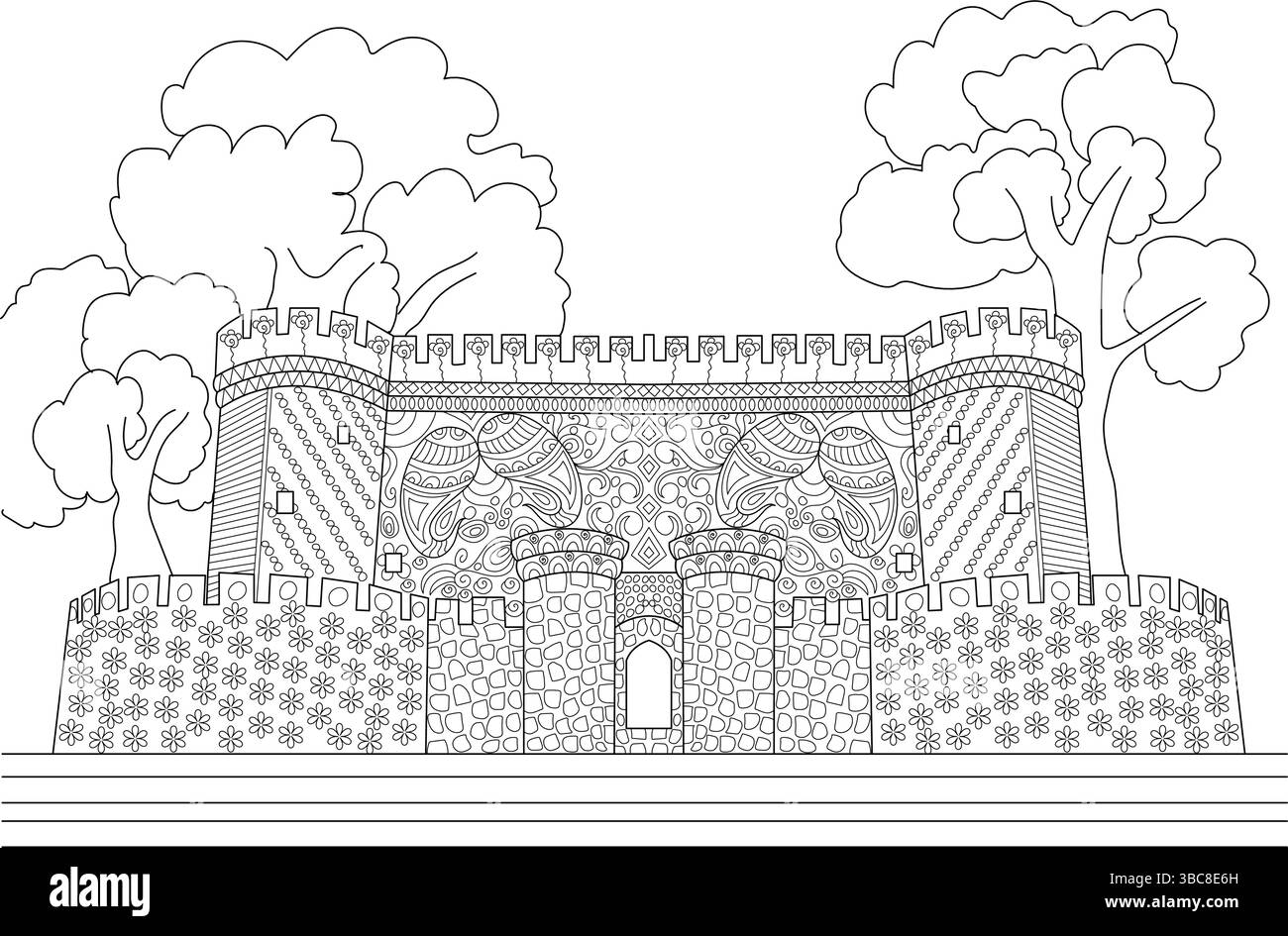 Detailed black and white line art illustration featuring an ornate ...