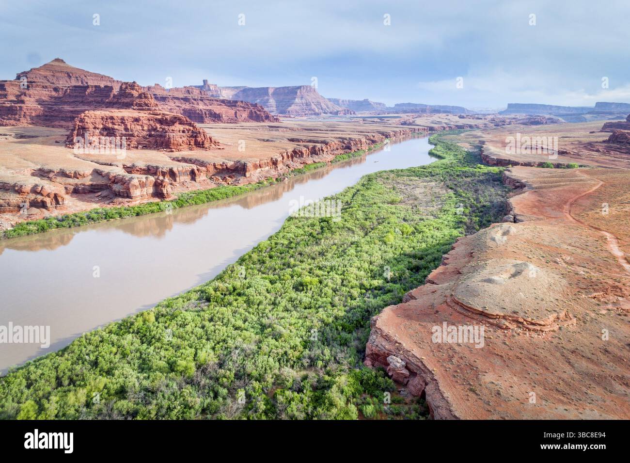 Aerial view of the canyon of Colorado River near Moab, Utah, with a ...