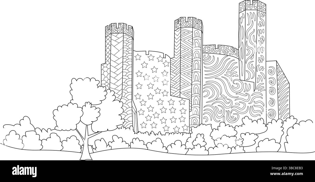 Black and white line art illustration of a stylized castle with ...