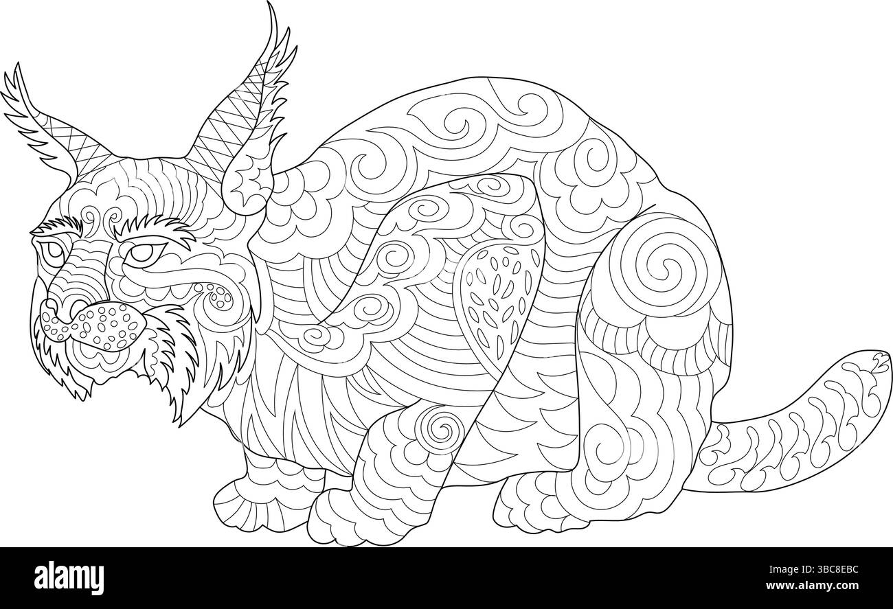 Detailed black and white line art illustration of a lynx, stylized with ...