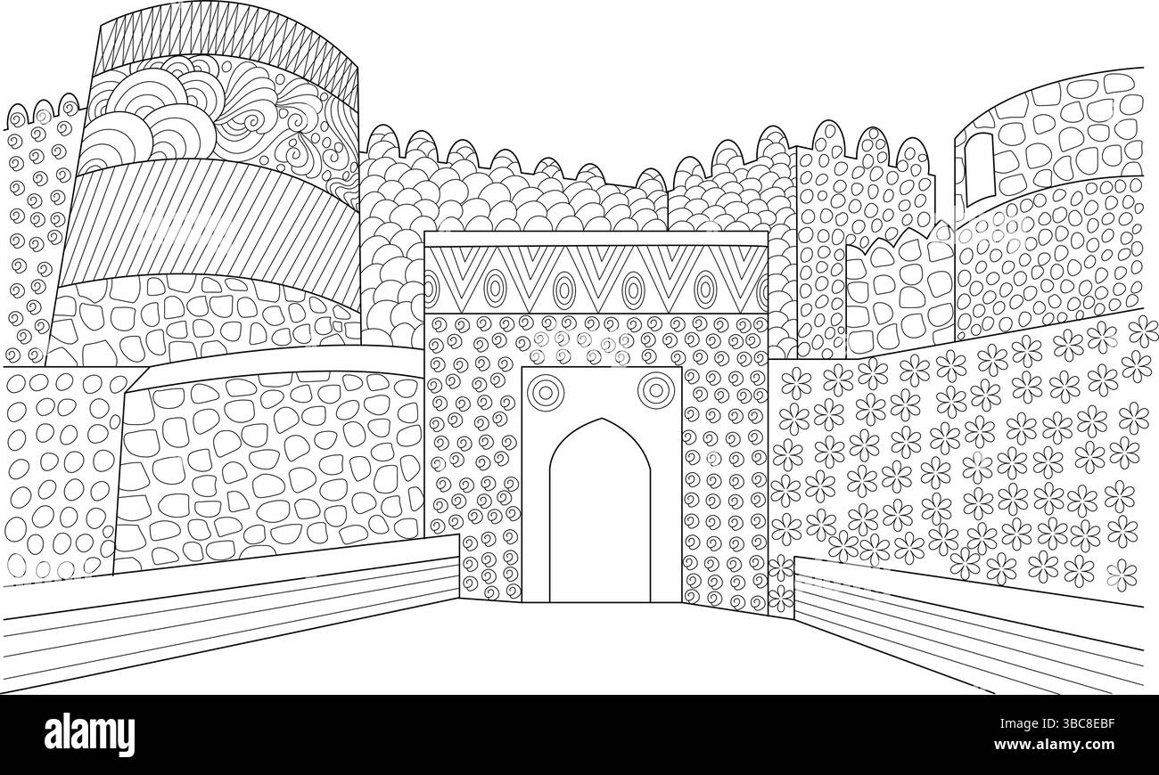 Intricate black and white line art illustration depicting a fantasy ...