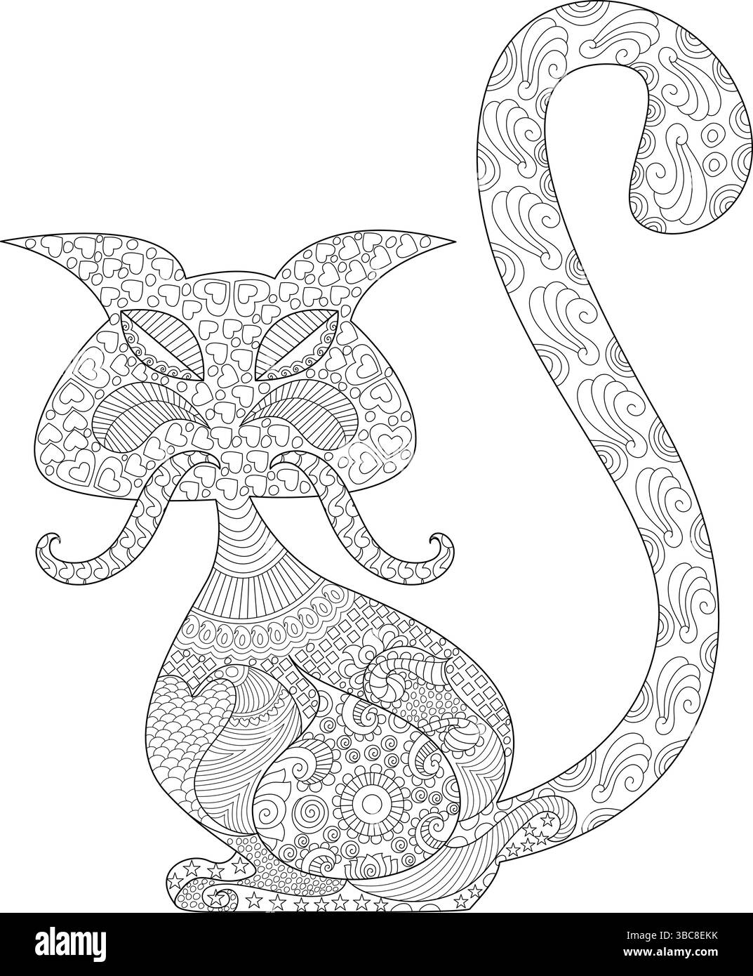 Black and white line art illustration of a stylized cat filled with ...