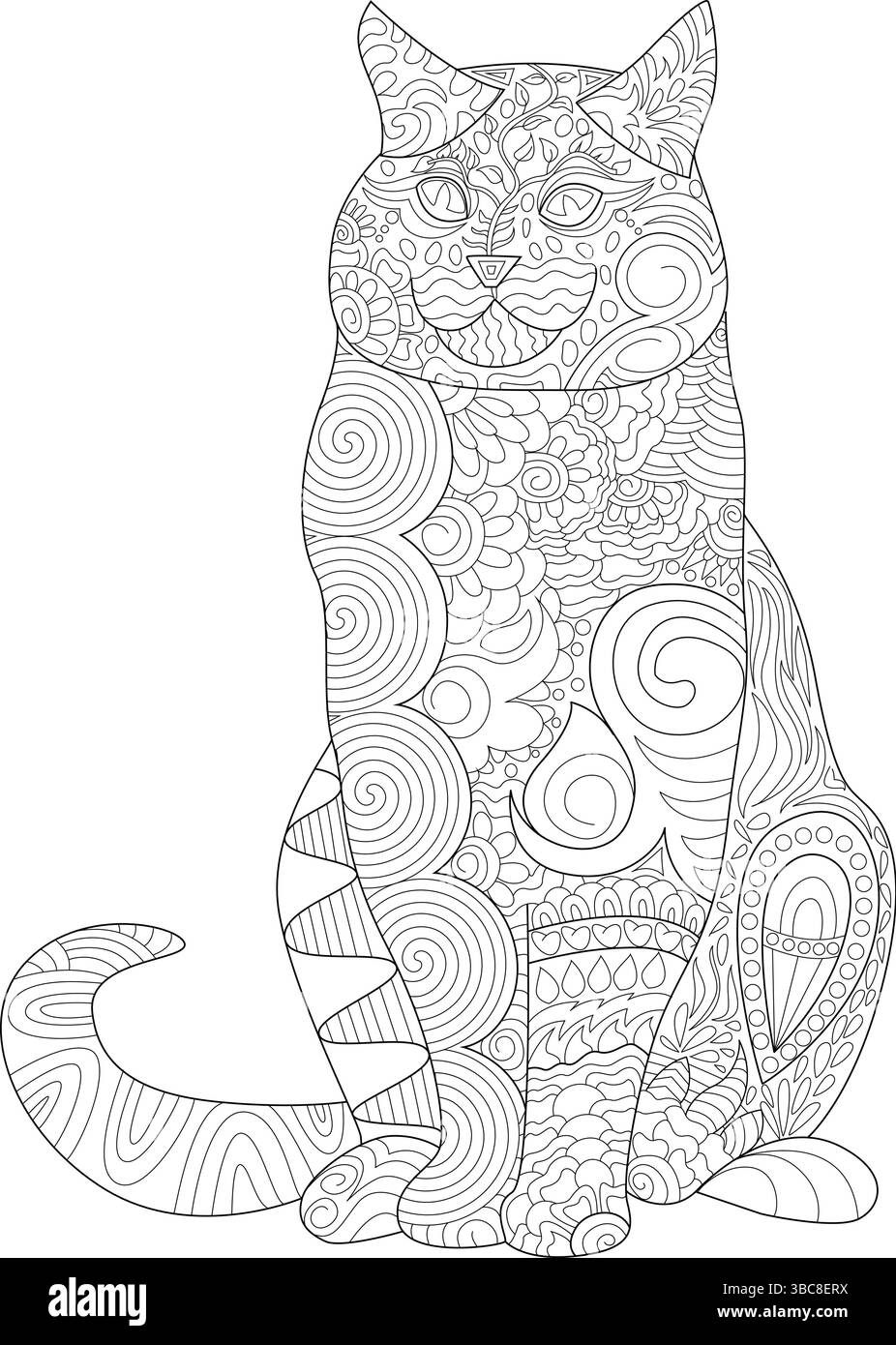 Black and white line art illustration of a sitting cat filled with ...