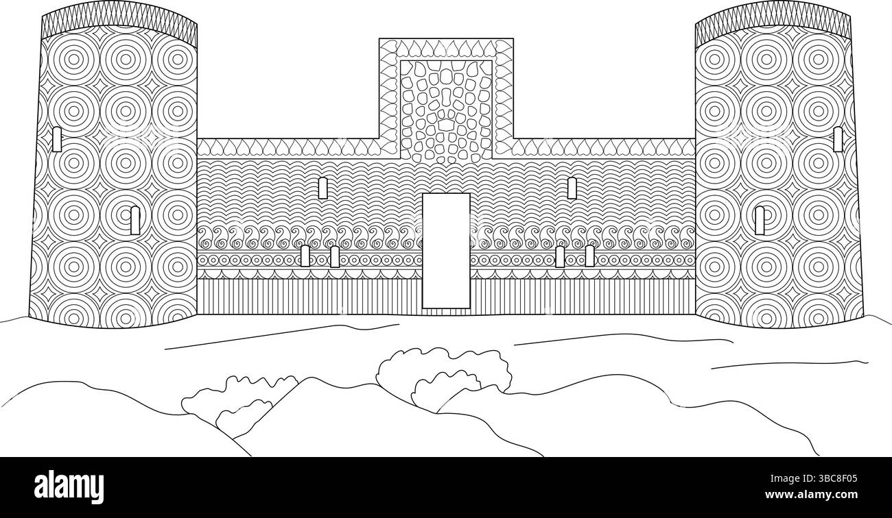 Black and white line art illustration of a decorative castle with ...