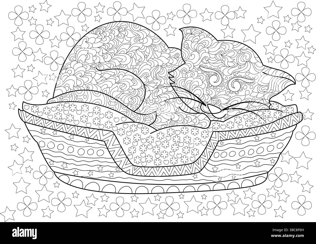 Black and white line art illustration of a cat sleeping curled up in a ...