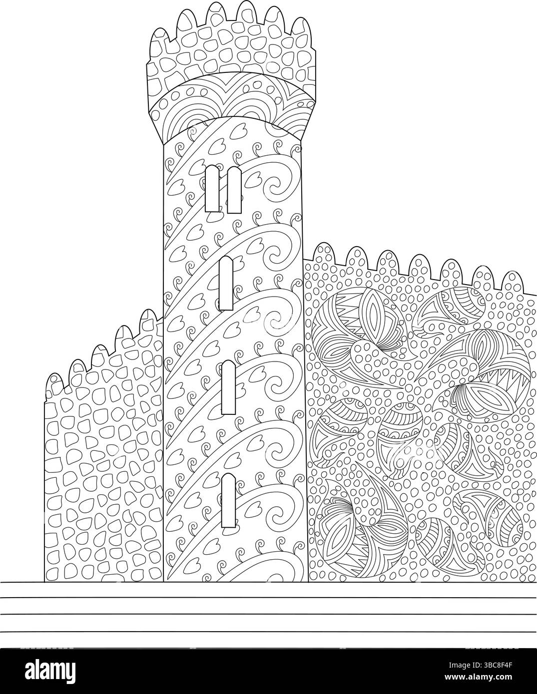 Detailed line art illustration of a fantasy castle section, featuring a ...