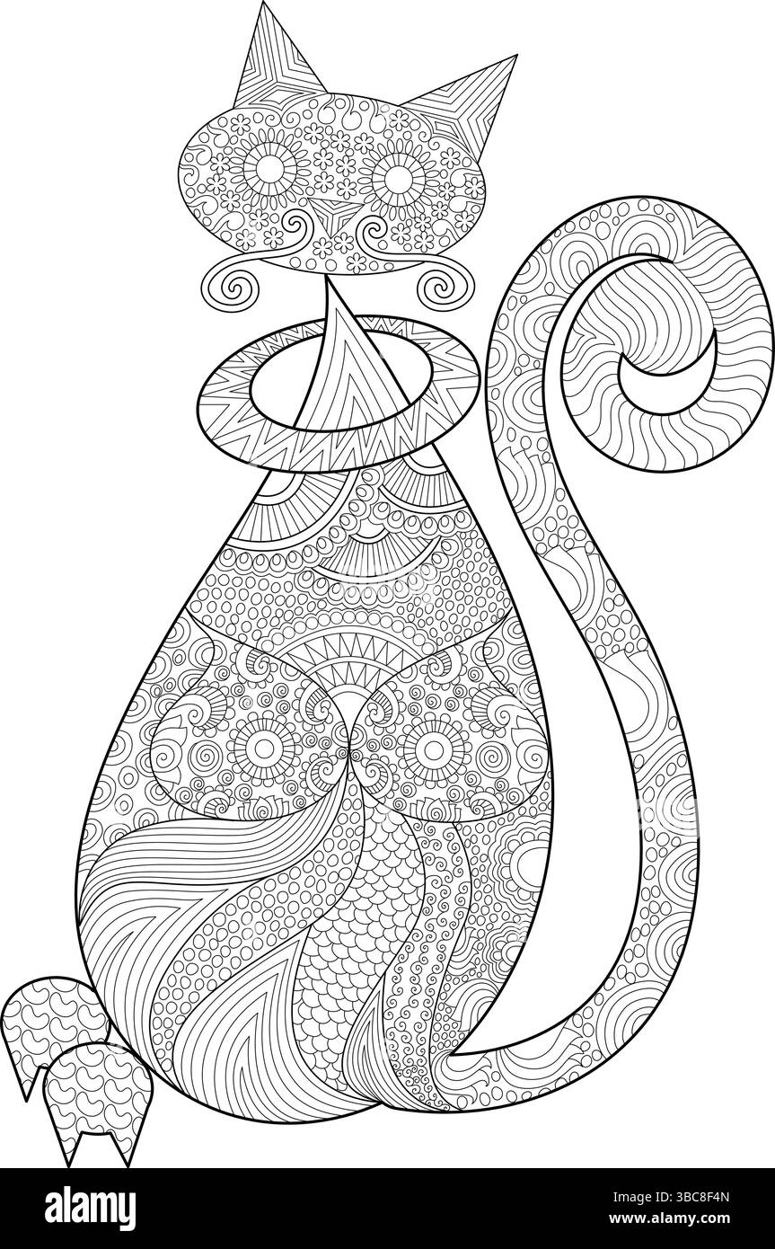 A detailed black and white line art illustration of a sitting cat ...