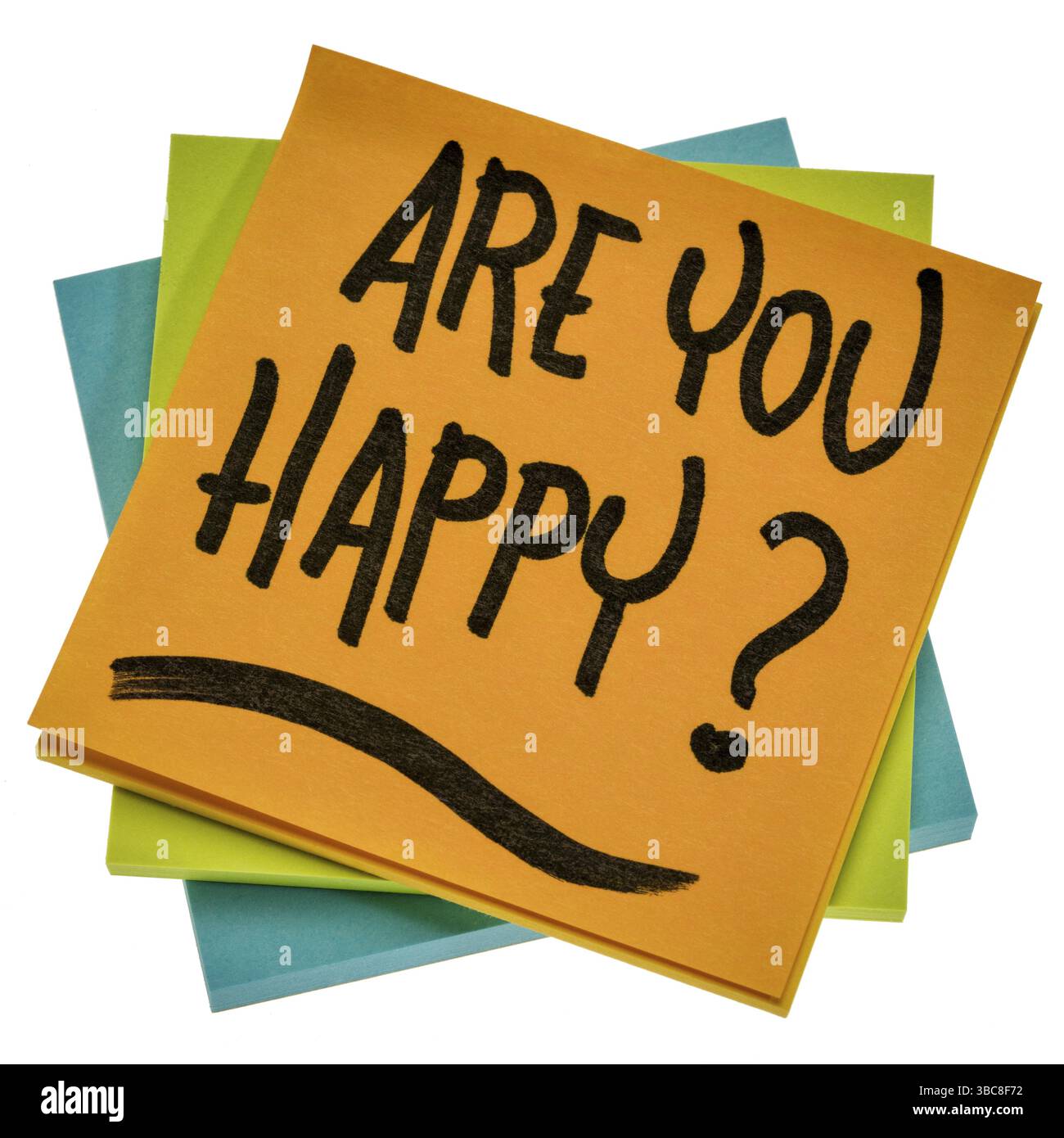 Are you happy? Handwriting on an isolated sticky note, essential ...