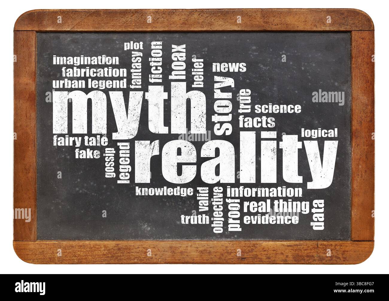 Myth and reality word cloud on an isolated vintage slate blackboard ...
