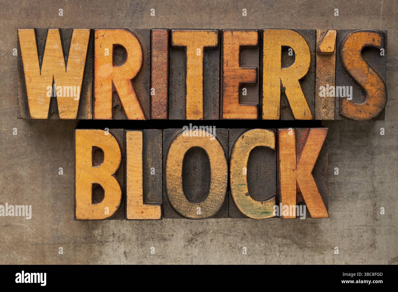 Writer block - text in vintage wood letterpress printing blocks stained ...