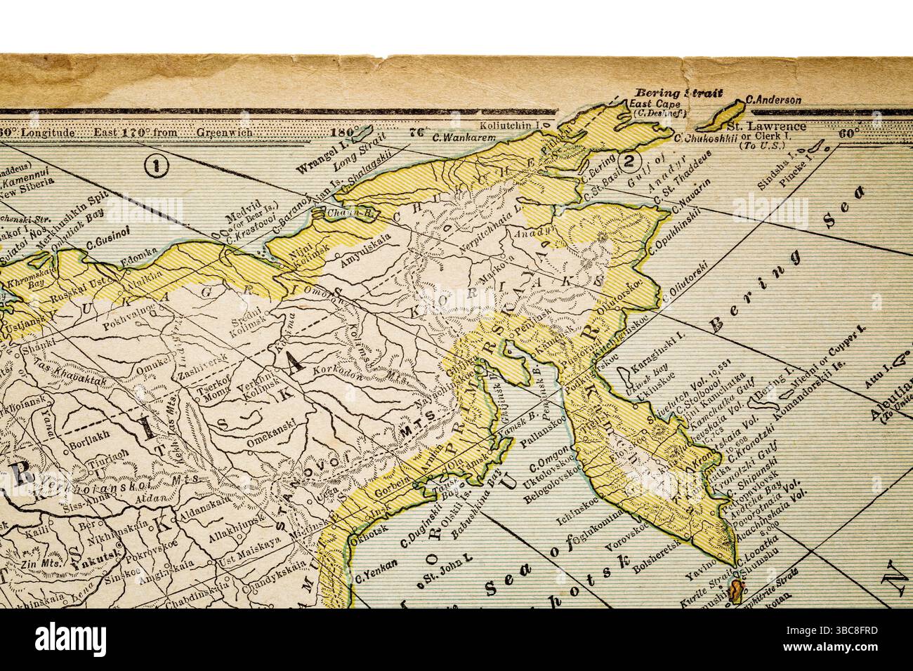 Siberia and Russia on vintage 1920s map, selective focus (printed in ...
