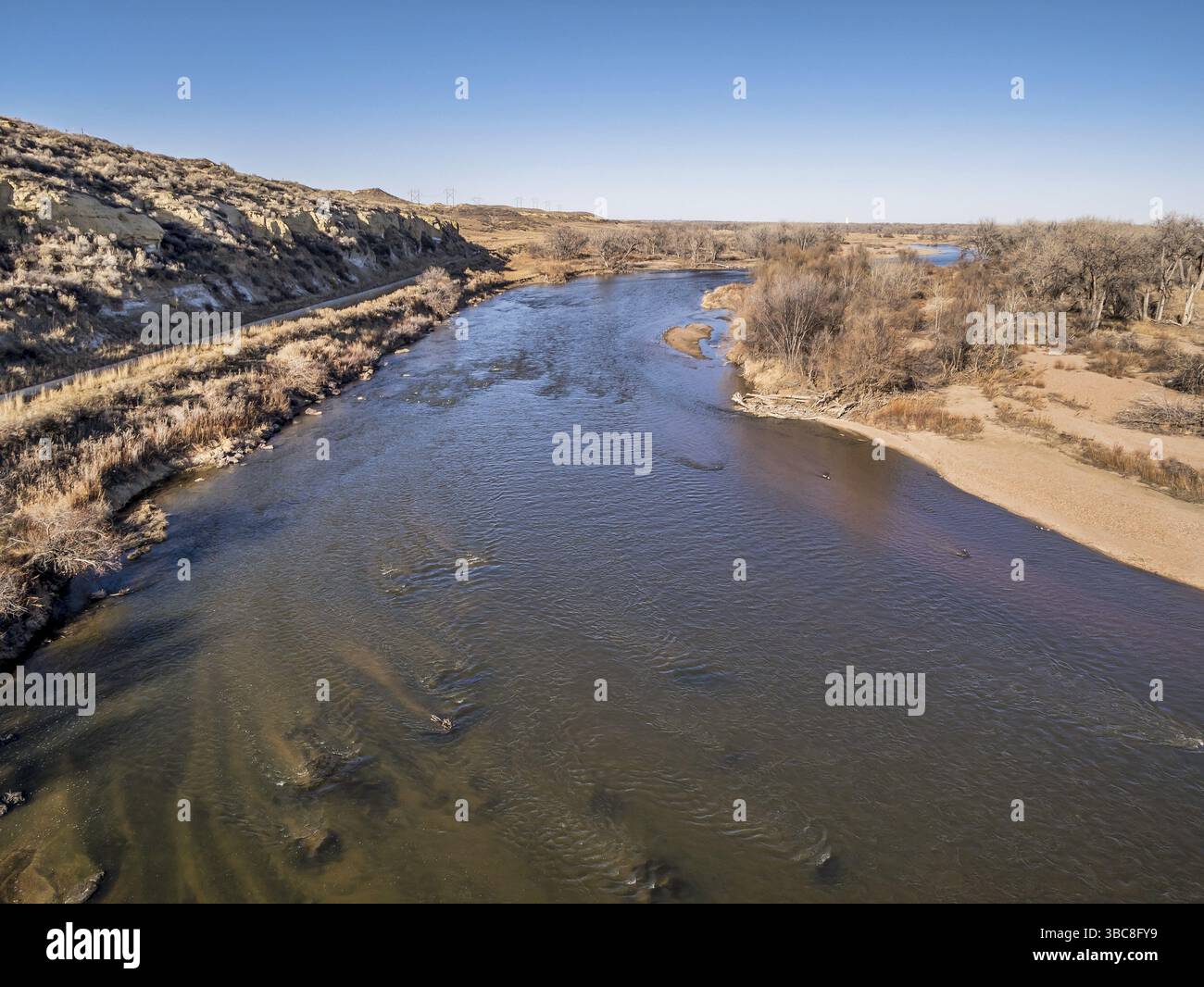 Aerial view of South Platte River at Wildcat Mound in eastern Colorado ...