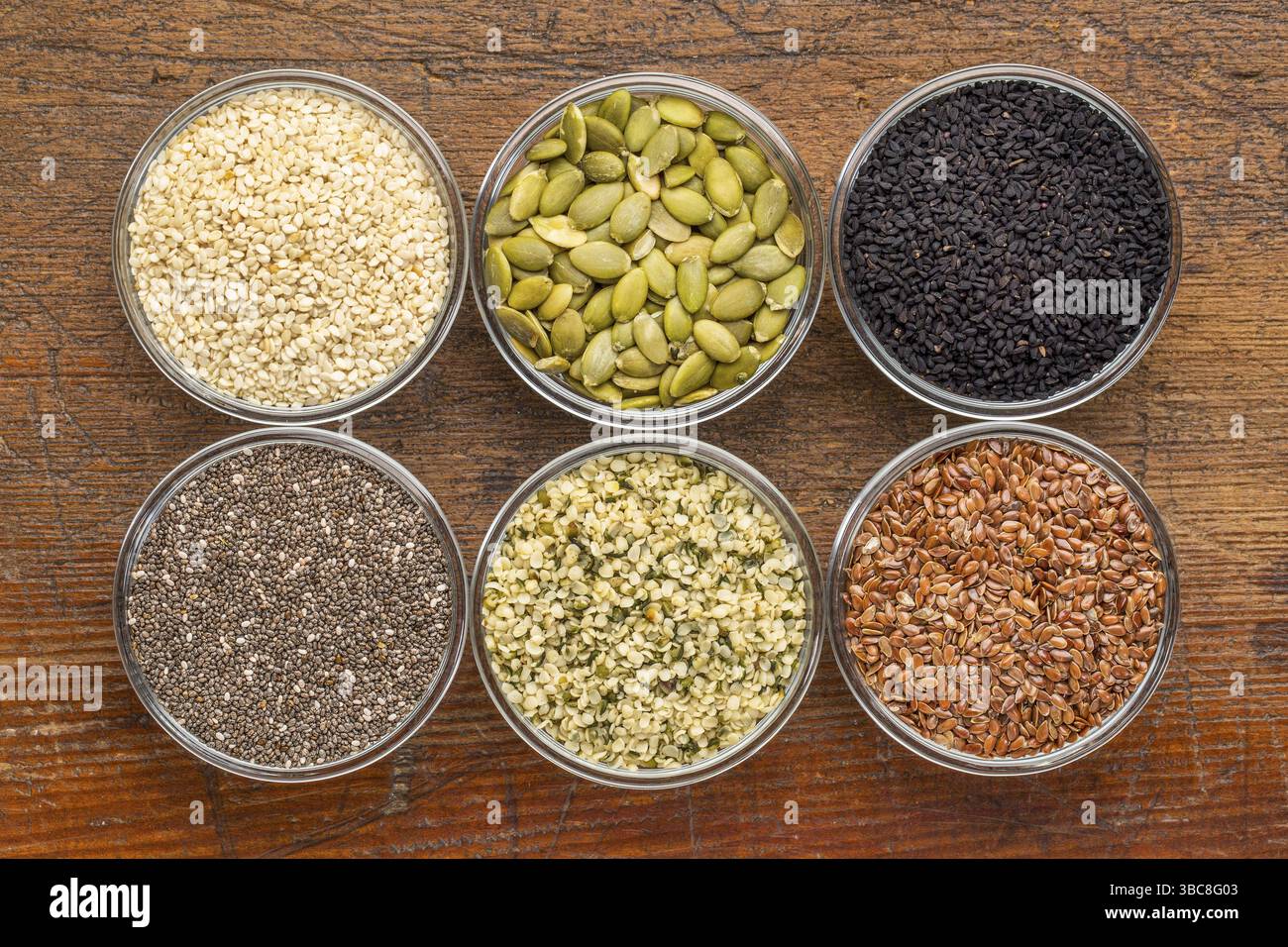 Healthy seed collection (chia, hemp hearts, brown flax, pumpkin, black ...