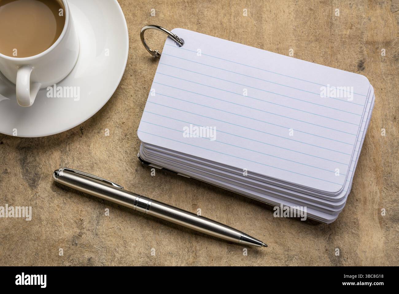 Blank index cards with a cup of coffee and a pen Stock Photo - Alamy