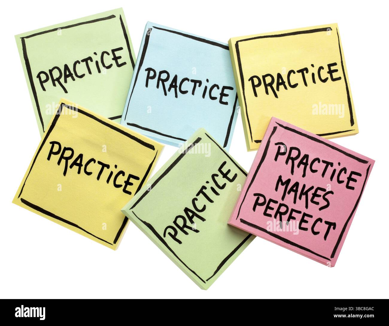 Practice makes perfect concept - colorful sticky notes with black ink ...
